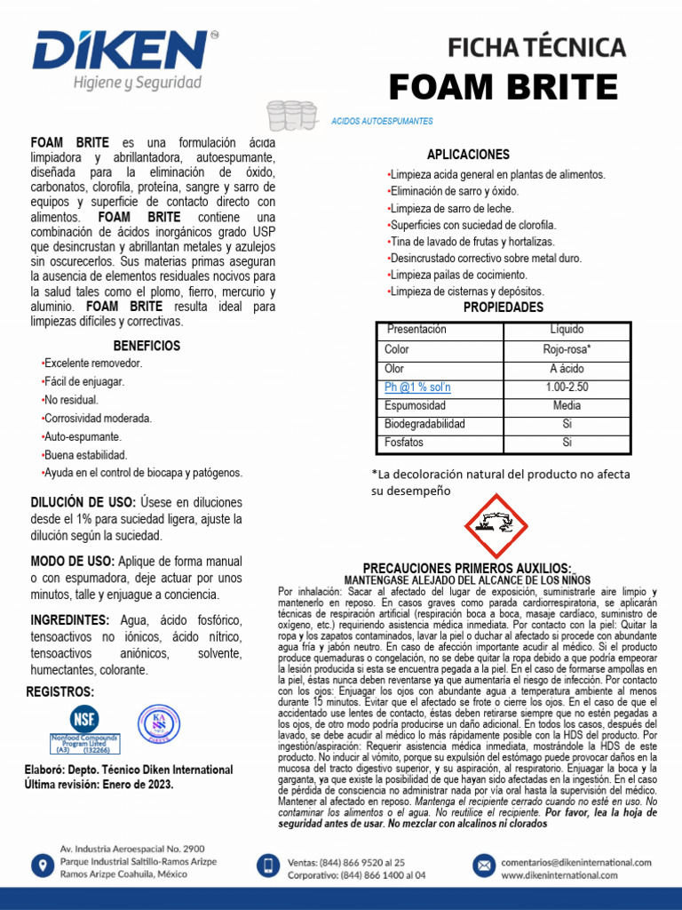 Foam Brite Ficha Técnica | PDF | Tensioactivo | Alimentos
