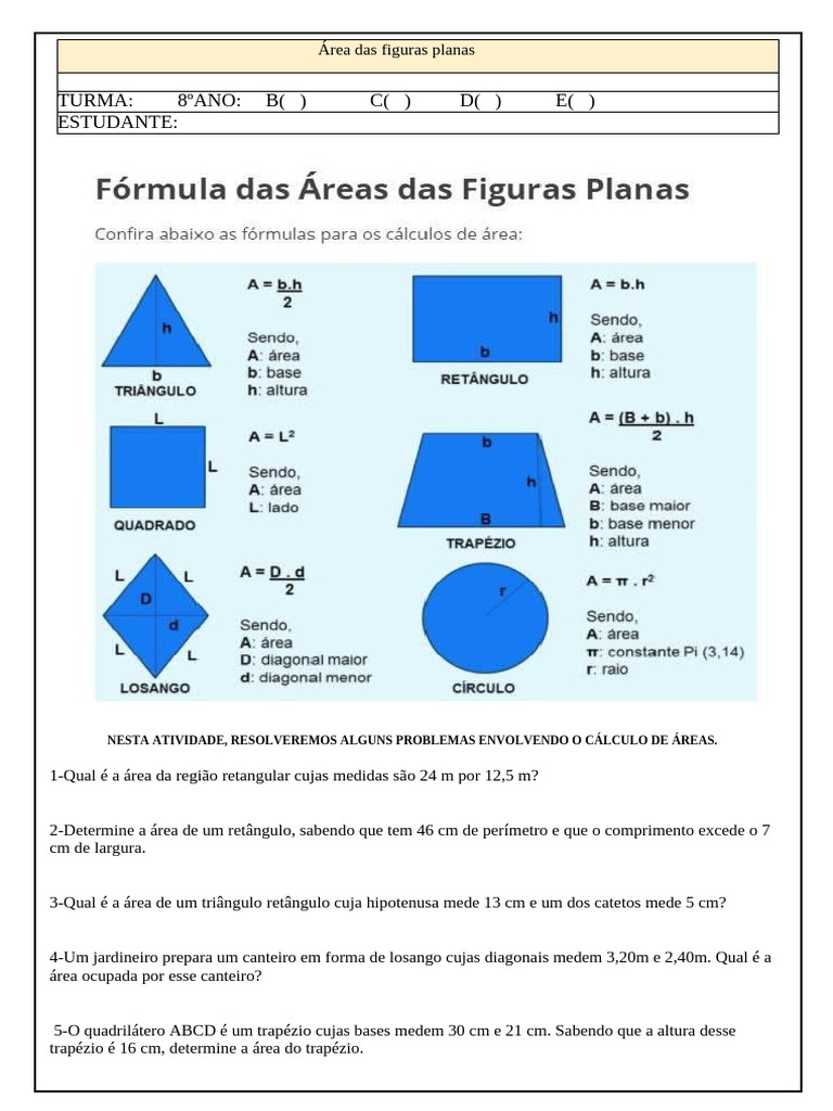 8ºANO-MAT-Atividade 1 (Area-Das-Figuras-Planas) | PDF