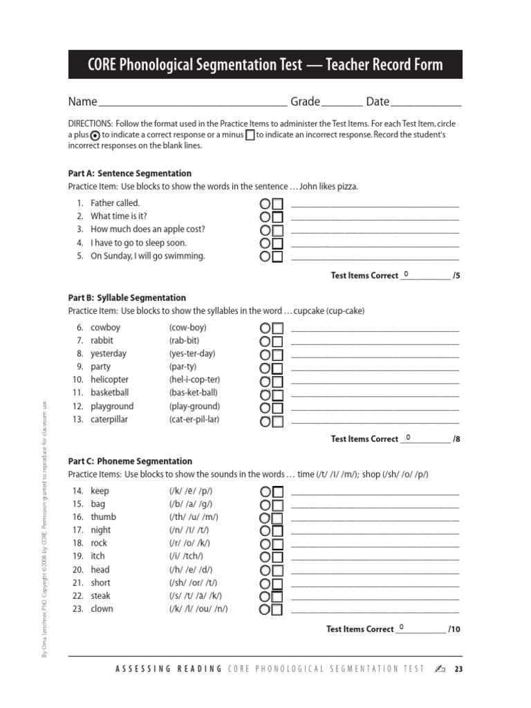 CORE MM Phonological Segmentation Test TeacherRecord FORM | PDF | Human ...