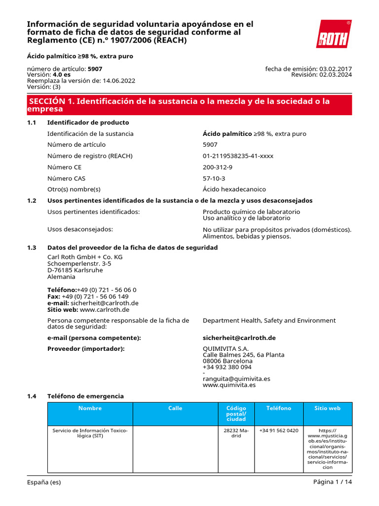 Ficha de Seguridad del Ácido Palmítico | PDF | Residuos | Química