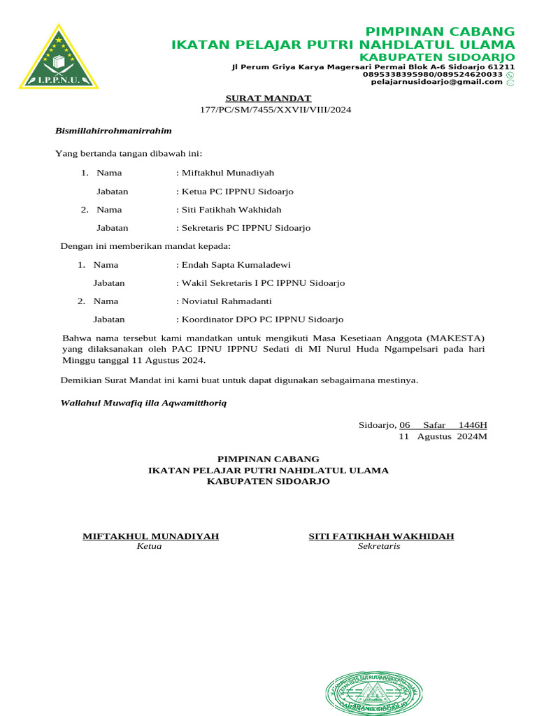 Contoh Surat Mandat IPPNU | PDF
