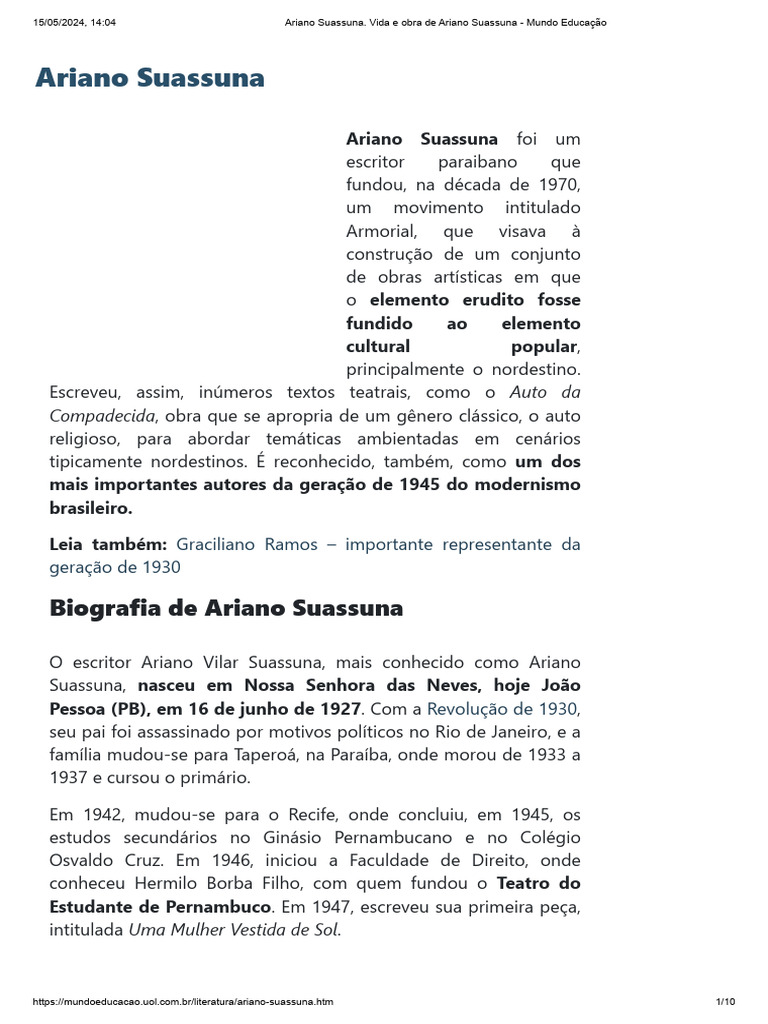 Vida e Obra de Ariano Suassuna | PDF