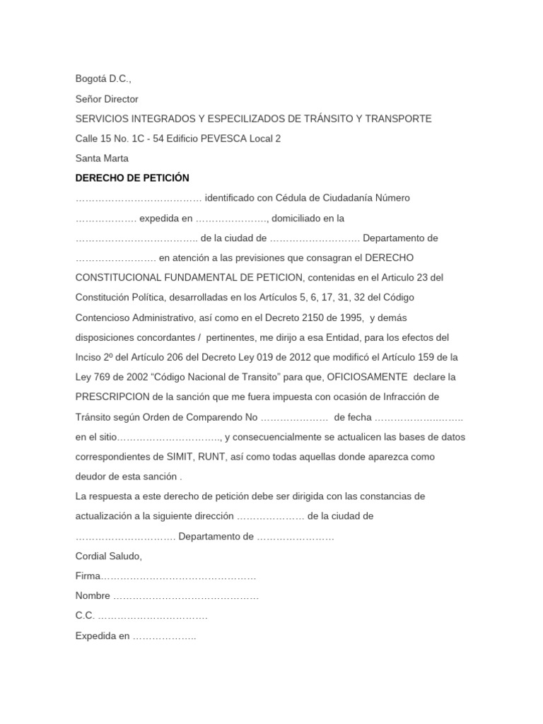 Derecho de Petición sobre Sanción de Tránsito | PDF