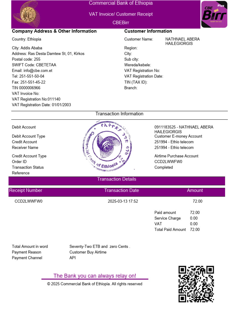 CBE VAT Invoice for Airtime Purchase | PDF | Receipt | Value Added Tax