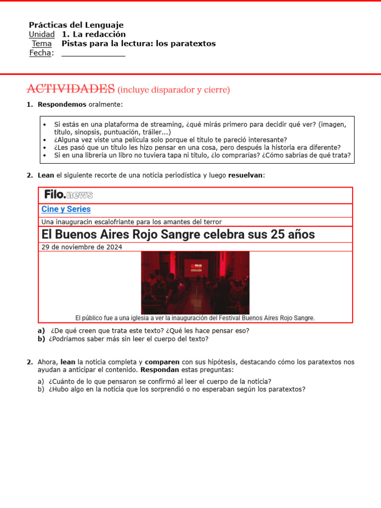 Los Paratextos. Actividades | PDF