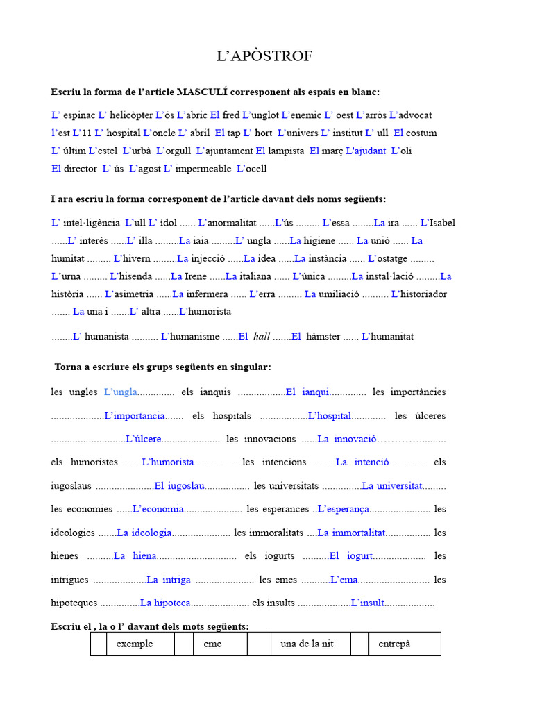 EXERCICIS APÒSTROF | PDF