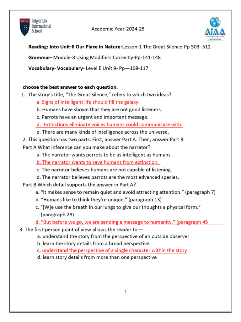 Grade 10 English Quiz: The Great Silence | PDF | Narration