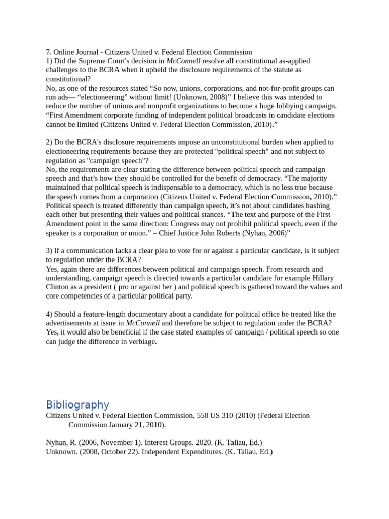 Online Journal - Citizens United v. Federal Election Commission | PDF ...