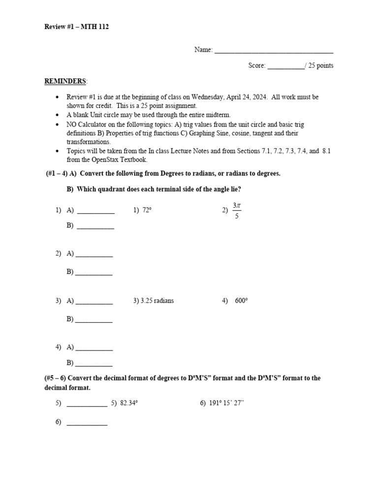 MTH 112 Review #1 Question Paper | PDF | Trigonometric Functions ...