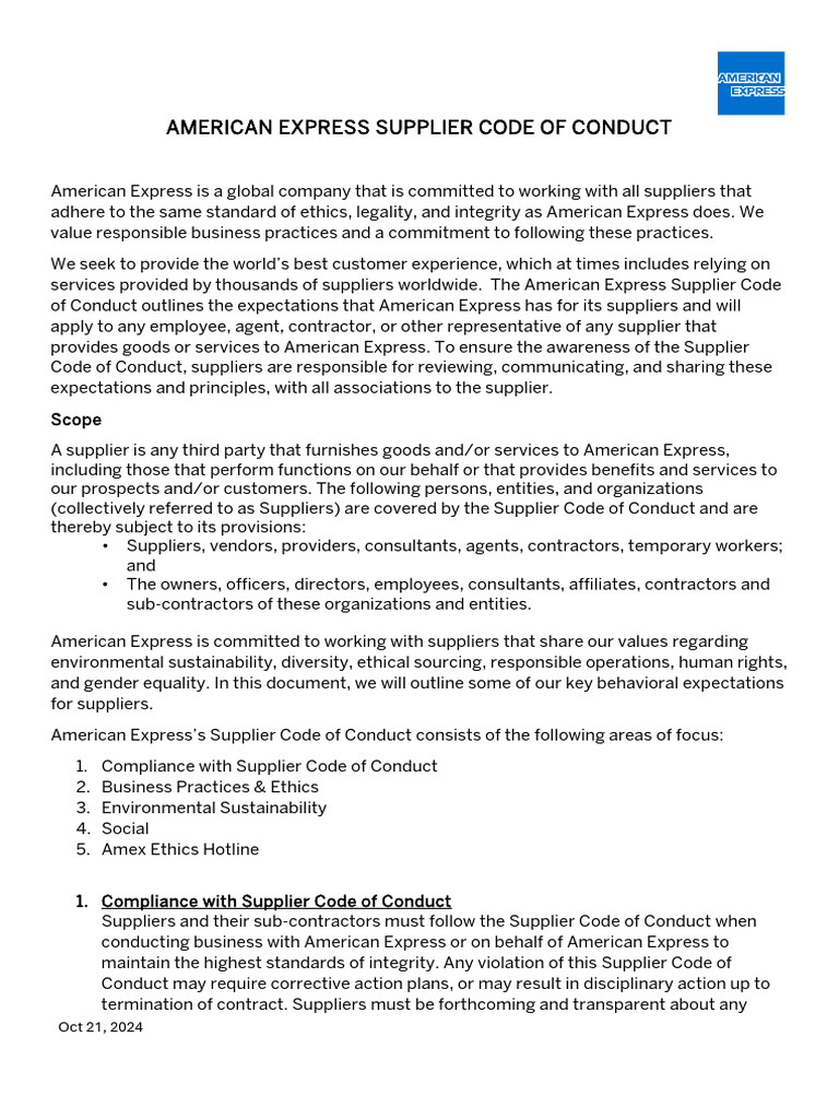 American Express Supplier Code of Conduct | PDF | Competition Law ...