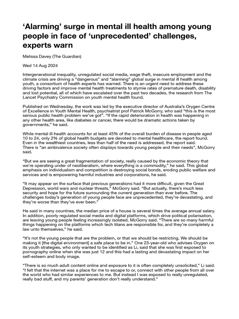 Alarming' Surge in Mental Ill Health Among Young People in Face of Unprecedented' Challenges ...