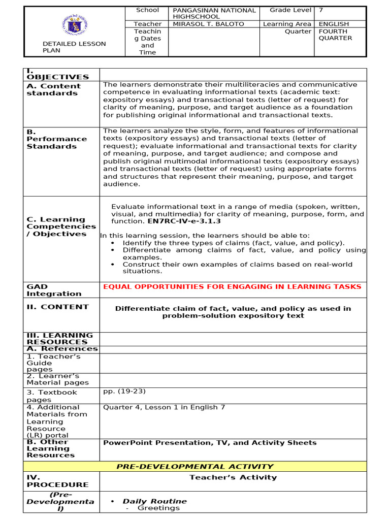 DLP Jhs Mirasol Baloto Grade 7 Expository | PDF | Evidence | Argument