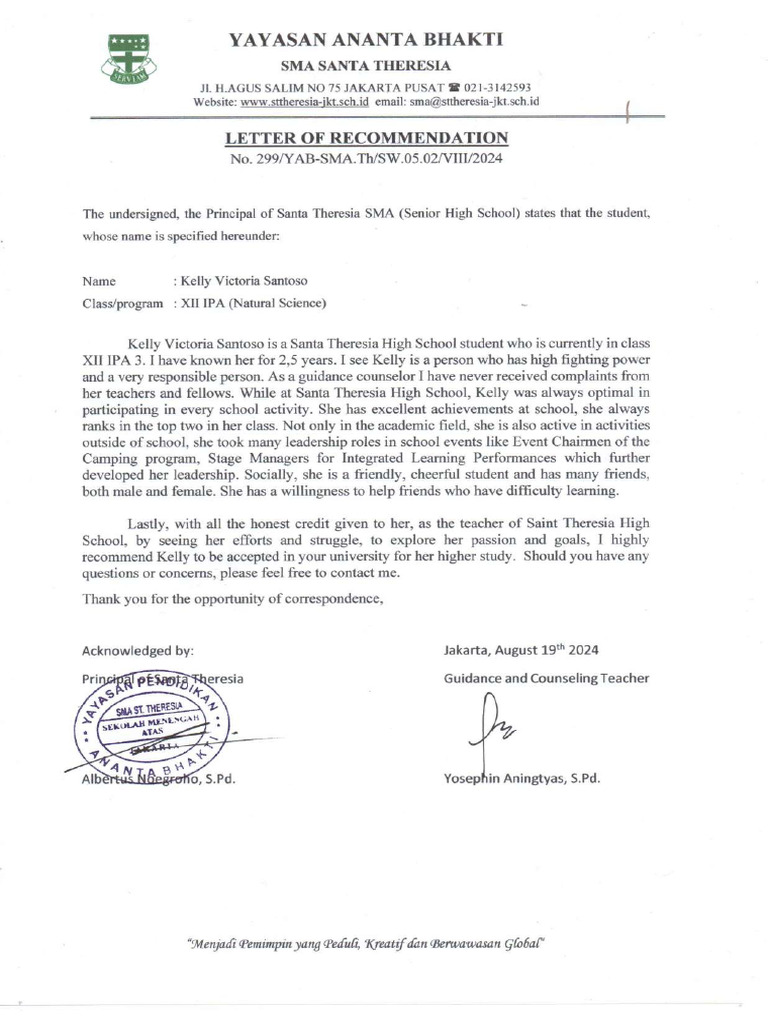 Letter of Rec From Guidence Councelor and Principal | PDF