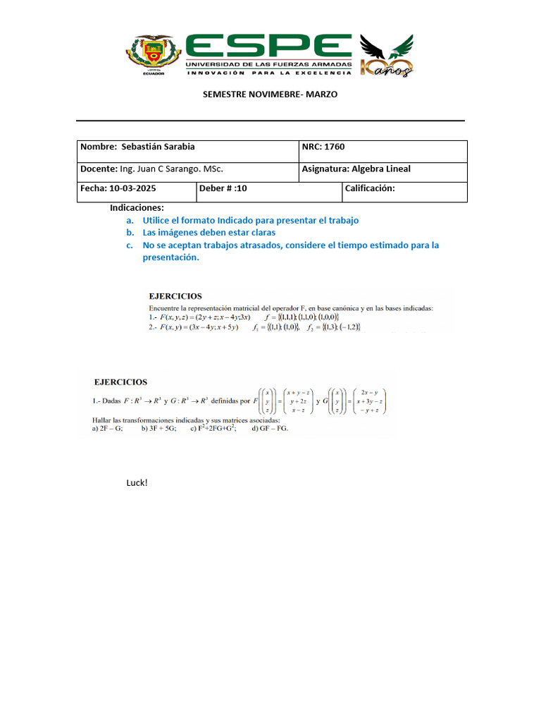 Deber 10 Trans Formaciones Lineales | PDF