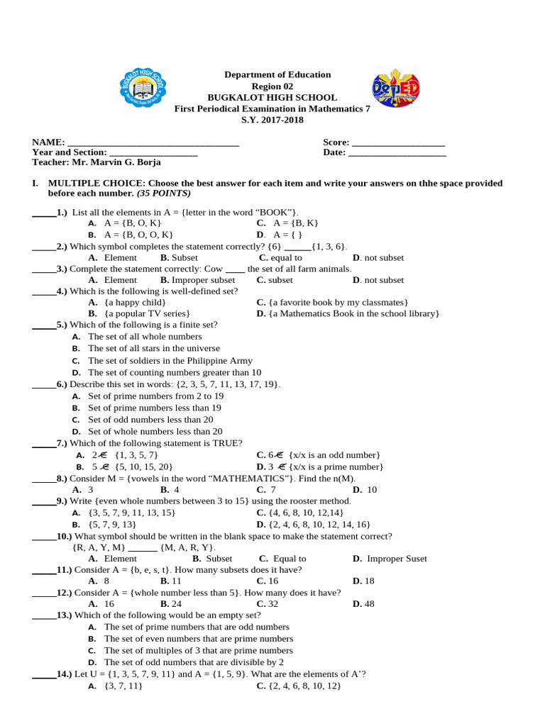 Math 7 Periodic Exam Overview | PDF | Numbers | Rational Number
