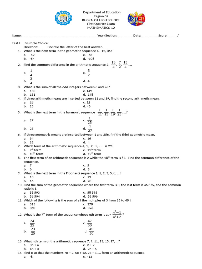 Math 10 QI Exam 2017-2018 | PDF | Sequence | Arithmetic
