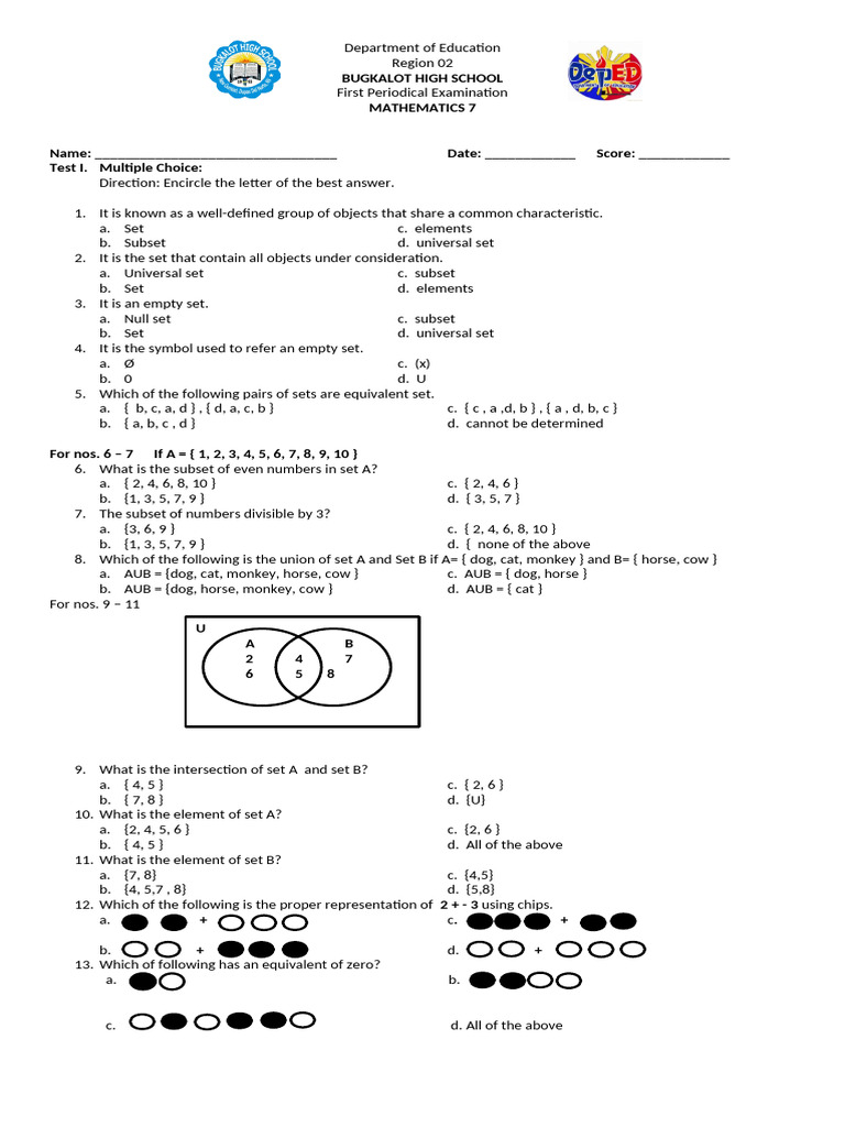 Mathematics 7 Periodical Exam Guide | PDF | Numbers | Set (Mathematics)