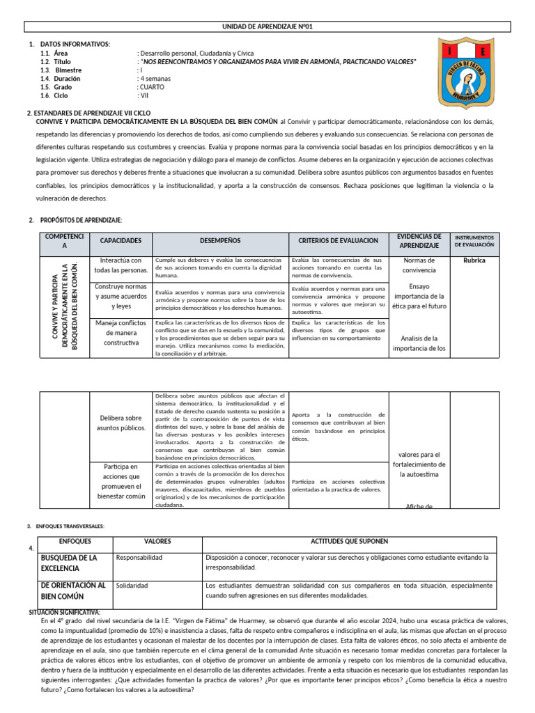 DPCC UNIDAD 1 - 4to | PDF | Aprendizaje | Democracia