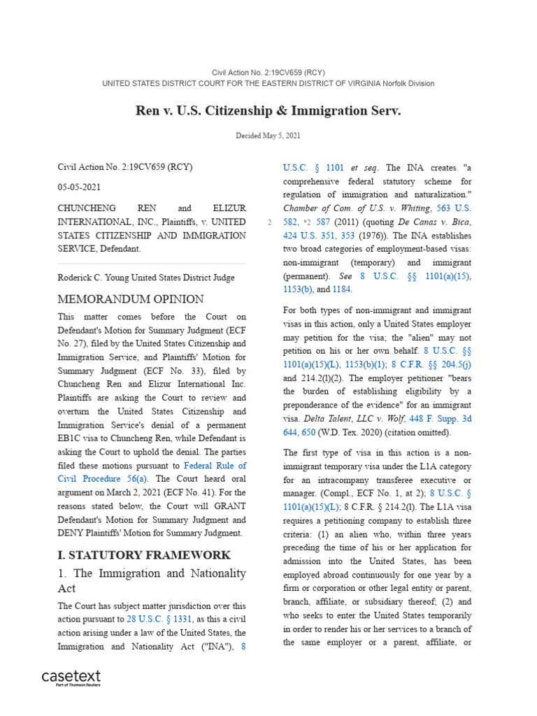 Ren v. U.S. Citizenship & Immigration Serv | PDF | Administrative Procedure Act | Summary Judgment