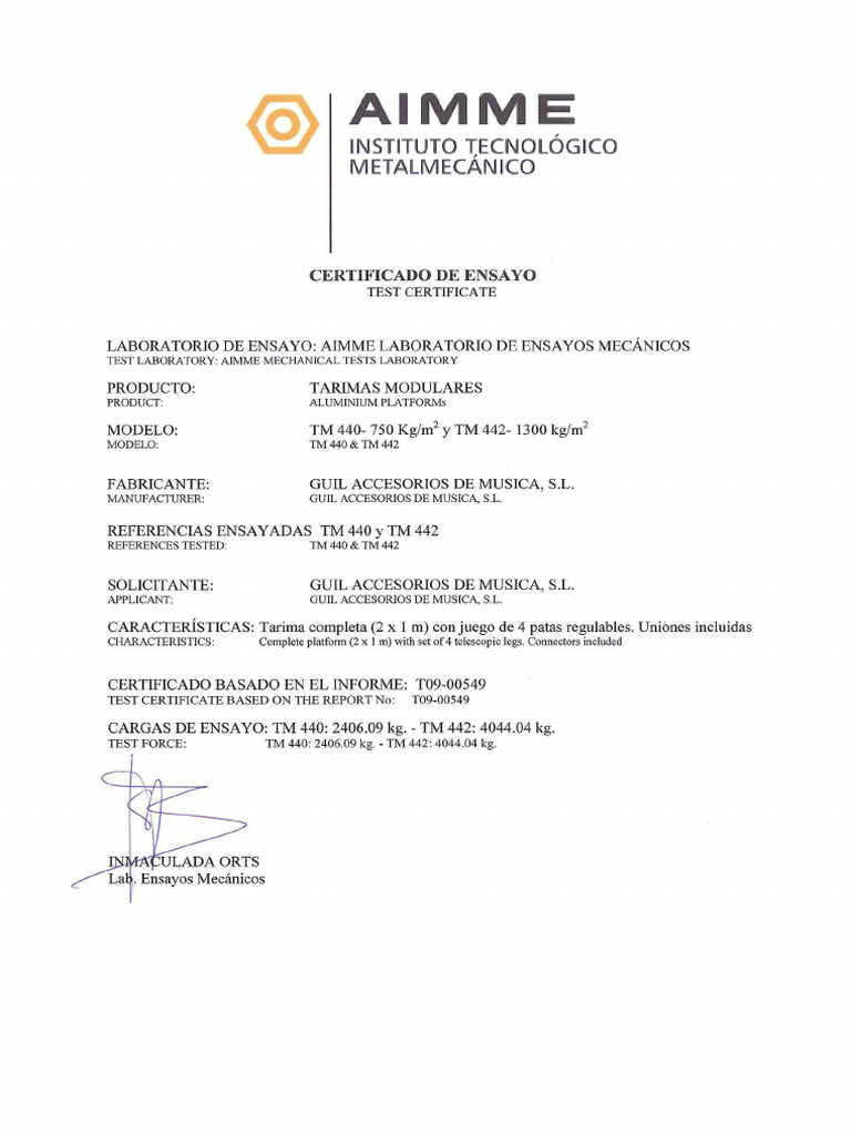GUIL Certificado de Ensayo Tarimas TM440 y TM442 | PDF