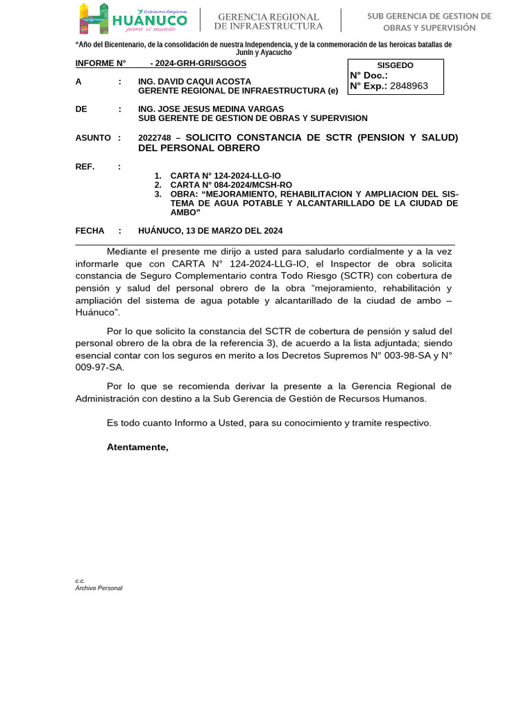 Informe Solicito SCTR de Personal Obrero 1 | PDF