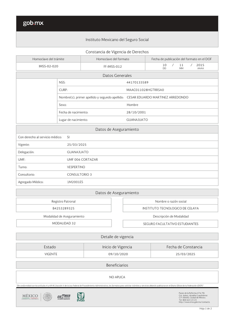 Constancia de Vigencia IMSS 2025 | PDF | México