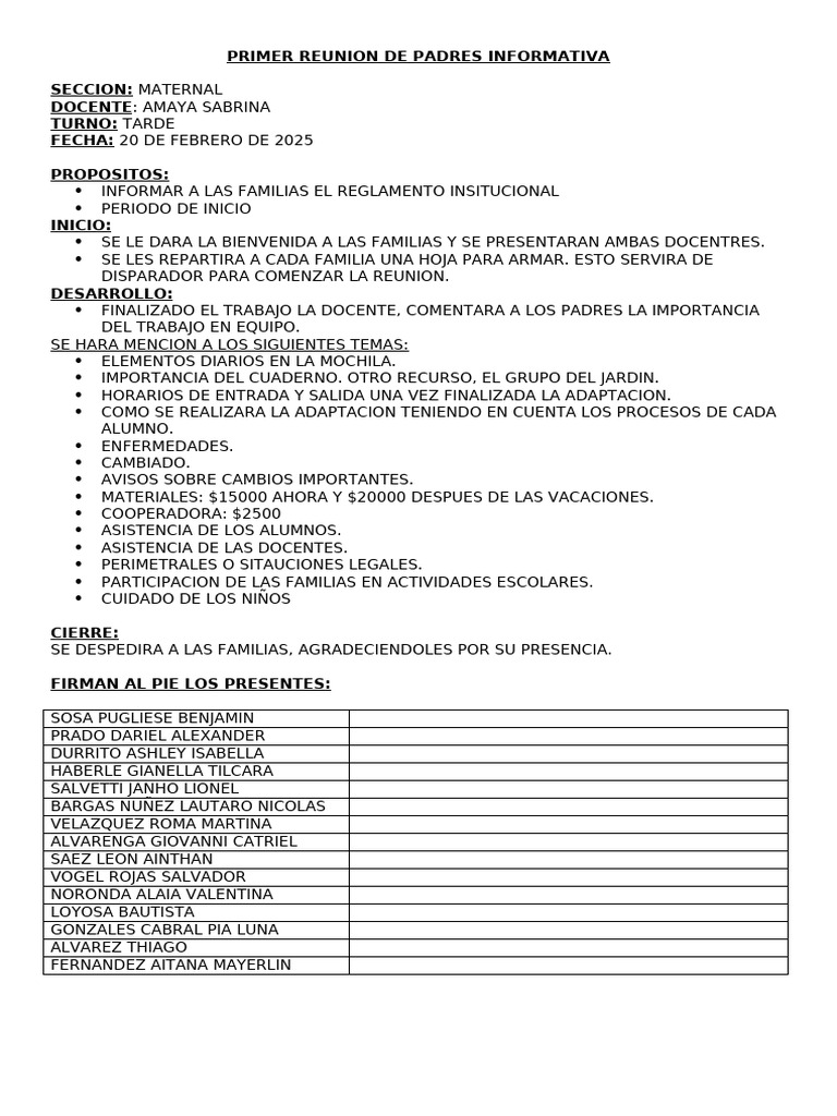 Reunión Informativa para Padres del Jardín | PDF