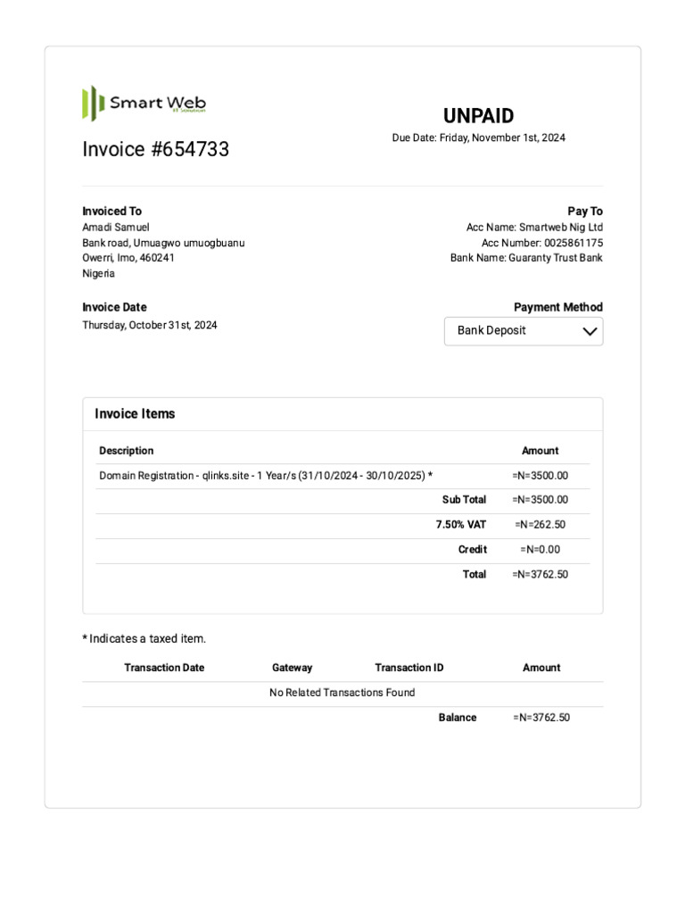 Smartweb Nigeria Limited - Invoice #654733 | PDF