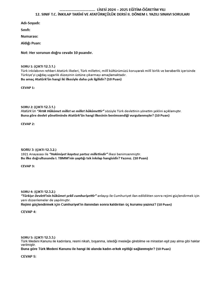 12 İnkilap Tari̇hi̇ Ii - Dönem I.yazili Sorulari | PDF