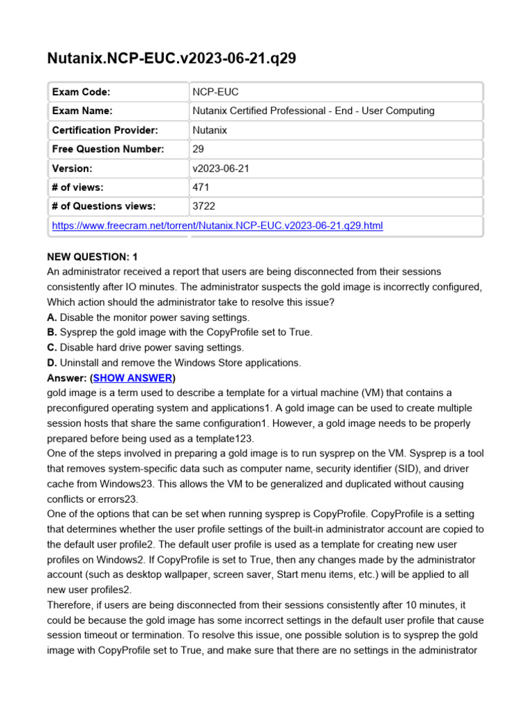Nutanix.NCP-EUC.v2023-06-21.q29 | PDF | Desktop Virtualization | Remote Desktop Services