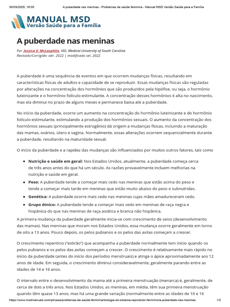 Puberdade nas Meninas: Fases e Fatores | PDF | Puberdade | Sistema ...