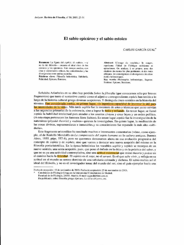 García Gual-El Sabio Epicureo y El Sabio Estoico | PDF