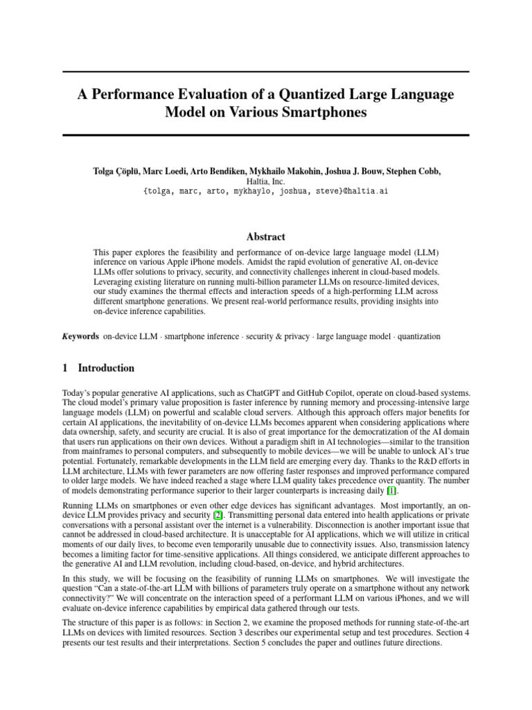 Performance Evaluation of A Quantized LLM On Smartphones | PDF | Smartphone | Statistical Inference
