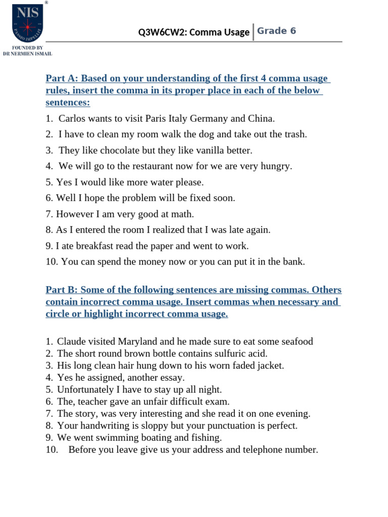Grade 6 Comma Usage Practice Guide | PDF