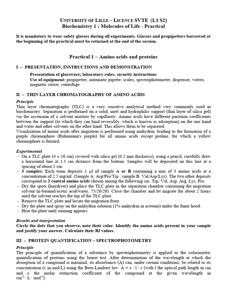 Bioch1 Practical - 2020 2021 | PDF | Thin Layer Chromatography | Spectrophotometry