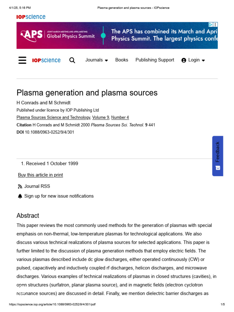 Plasma Generation and Plasma Sources - IOPscience | PDF | Plasma (Physics) | Applied And ...