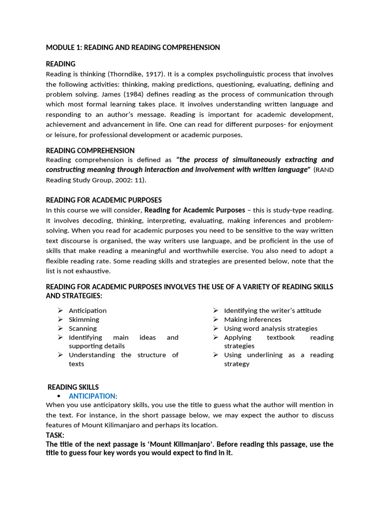 Mod 1 Reading And Reading Comprehension Pdf Reading Comprehension