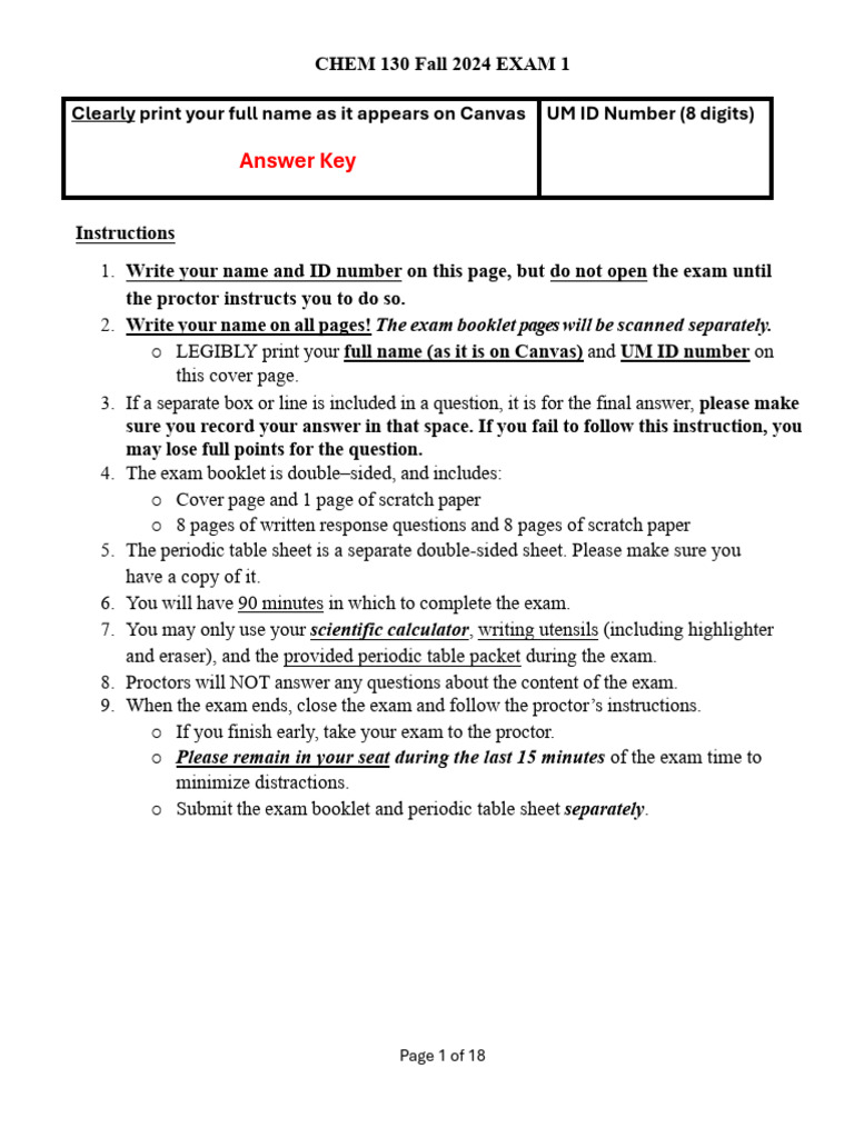 CHEM 130 EXAM 1 Fall 24 Answer Key | PDF | Electron | Light