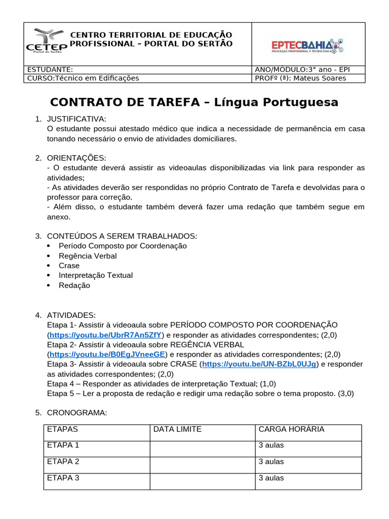 Contrato de Tarefa Português - Lais (2 Unidade) | PDF