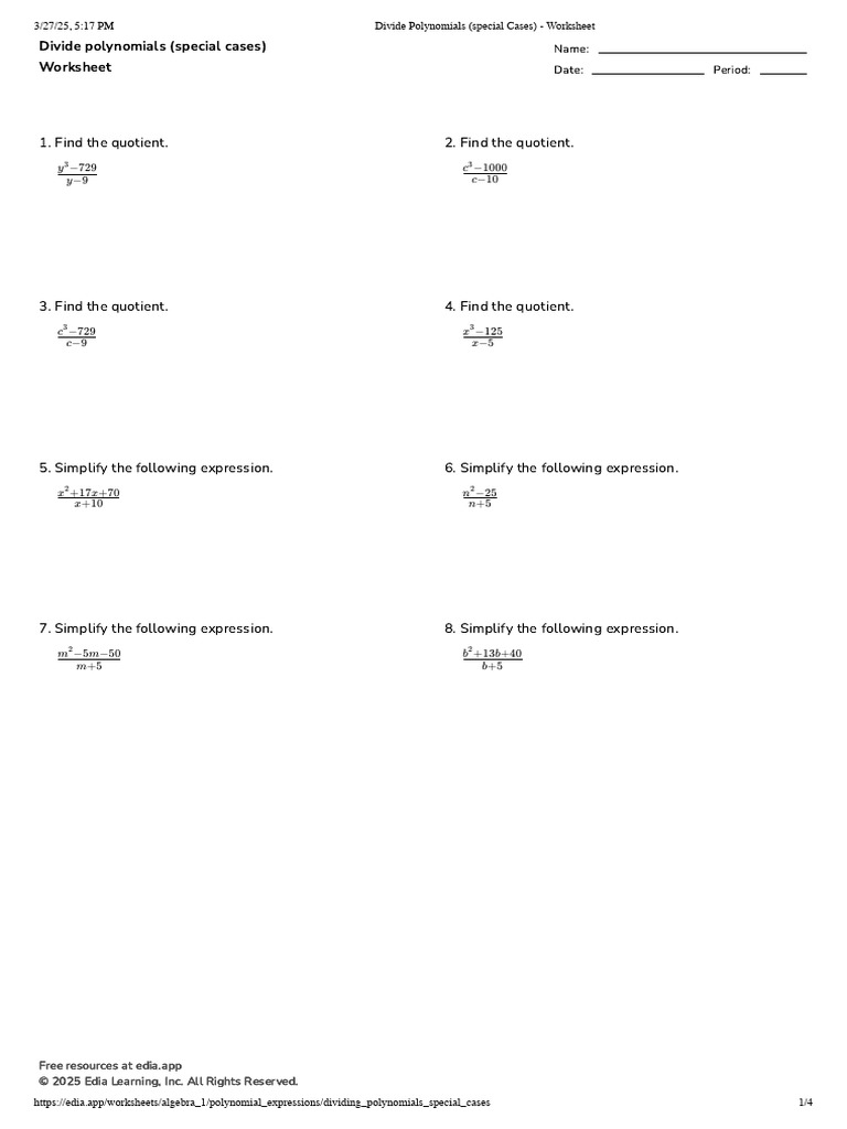Dividing Polynomials Classwork Answer Key | PDF
