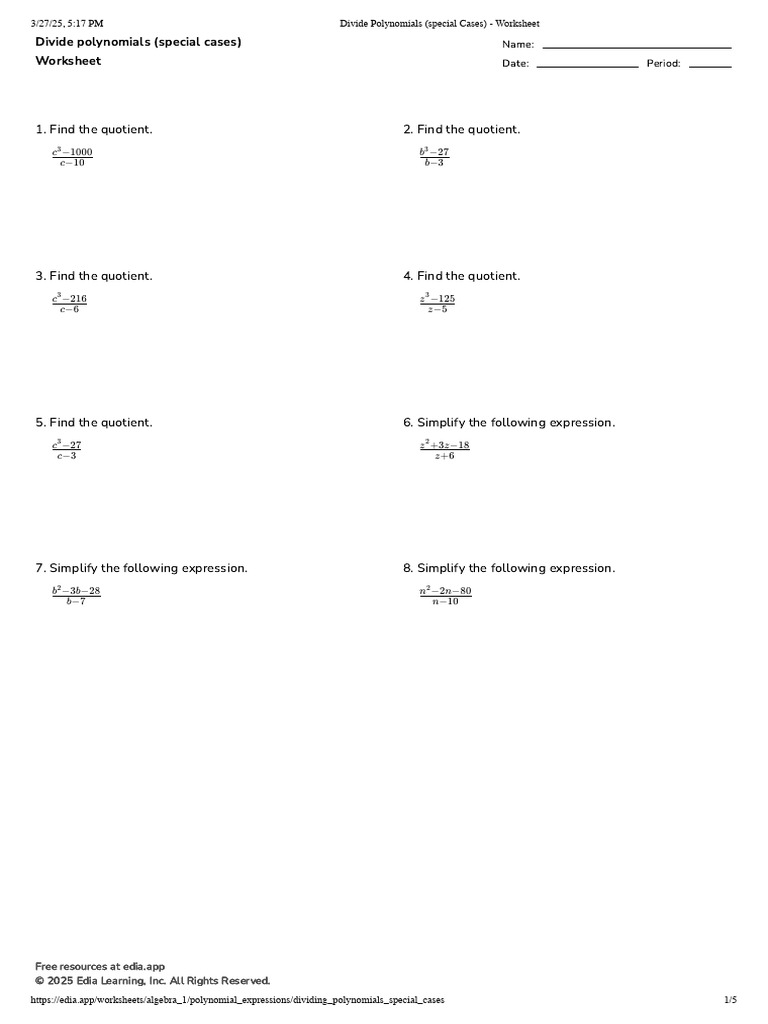 HW 03:27 Dividing Polynomials Answer Key | PDF