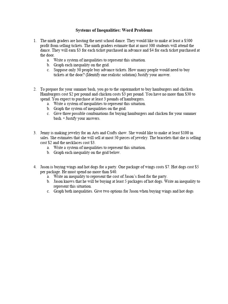 Systems of Inequalities Word Problems | PDF