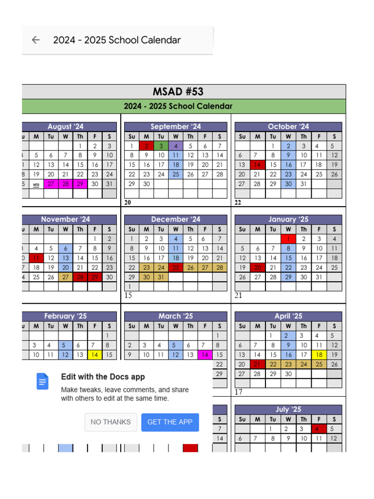 MSAD #53 2024-2025 School Calendar | PDF