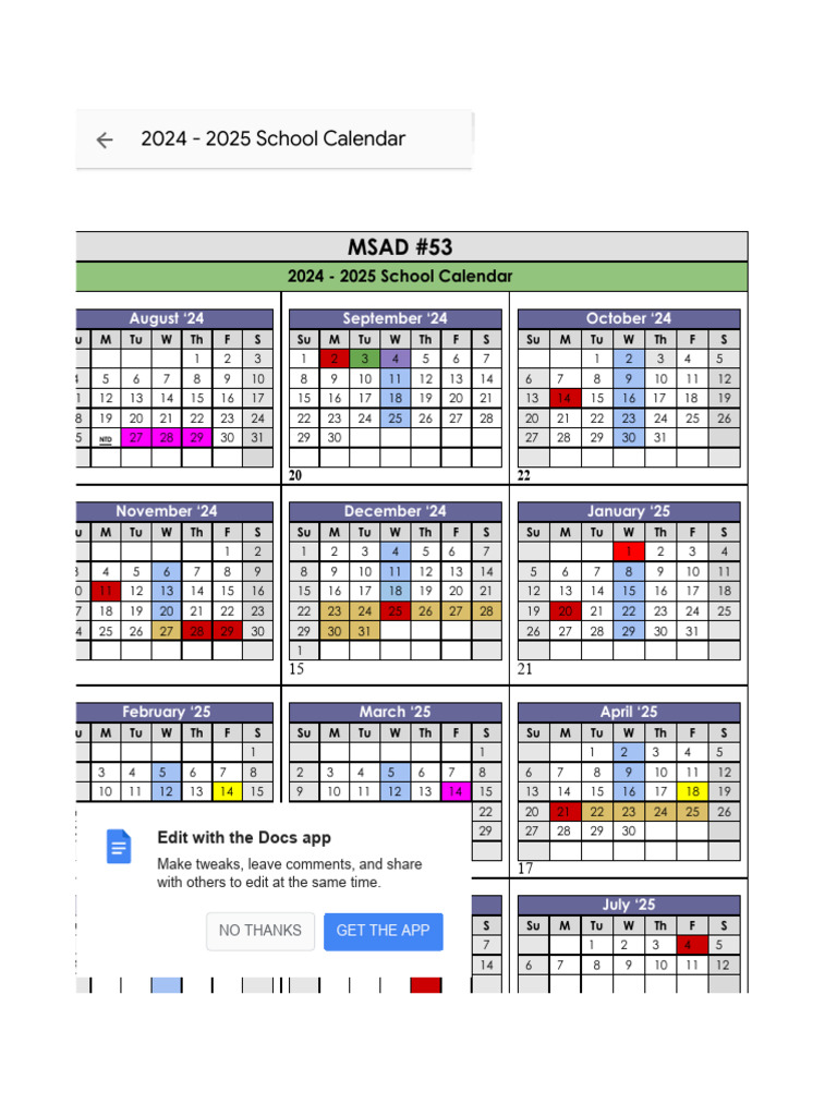 MSAD #53 2024-2025 School Calendar | PDF