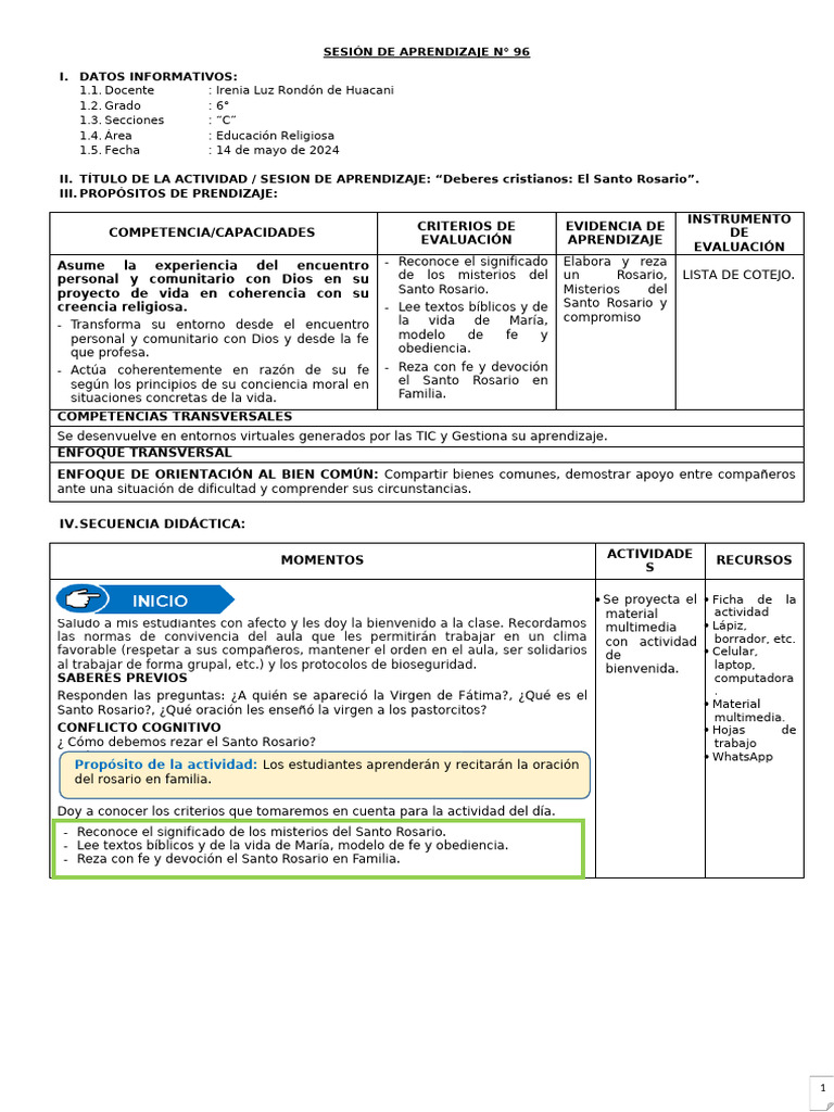 6to. C - Reli - Sesión de Aprendizaje N. 96 | PDF | Rosario | Oración