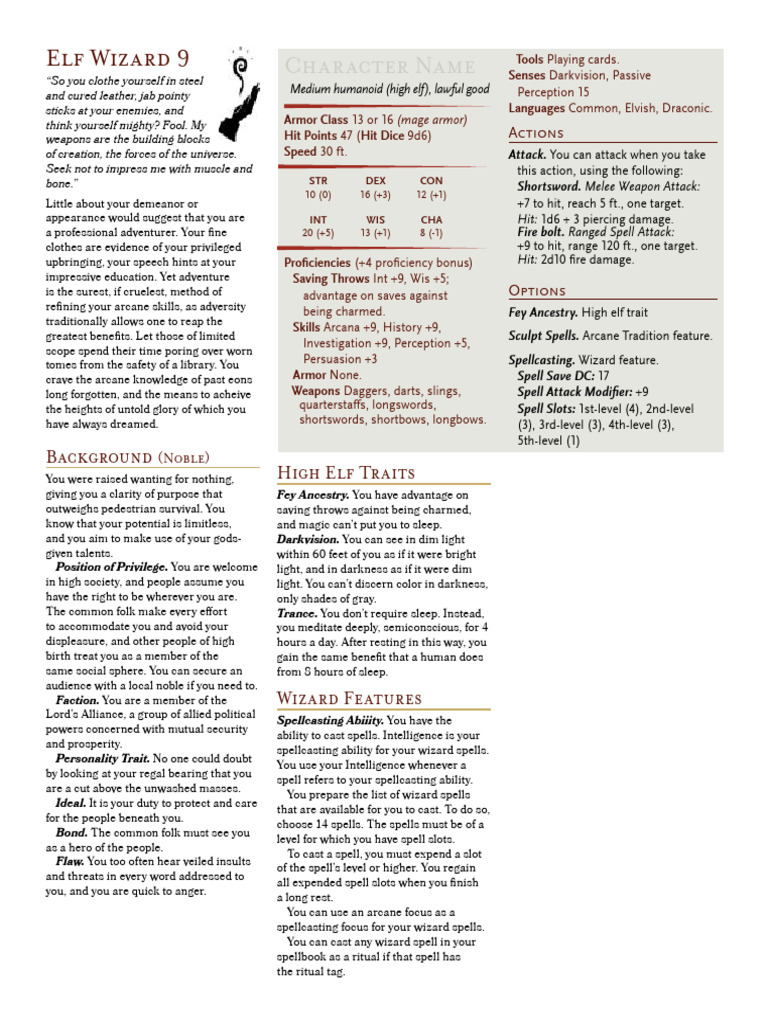 High Elf Wizard Traits and Features | PDF | Dungeons & Dragons | Fantasy