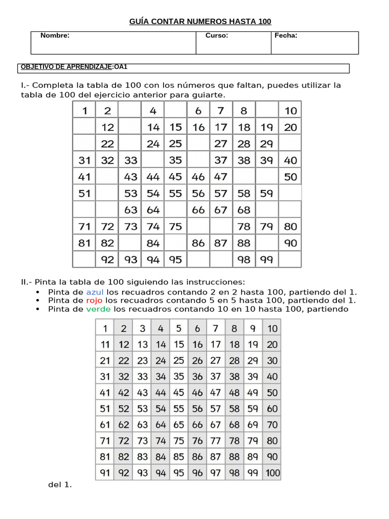 Actividades para contar hasta 100 | PDF
