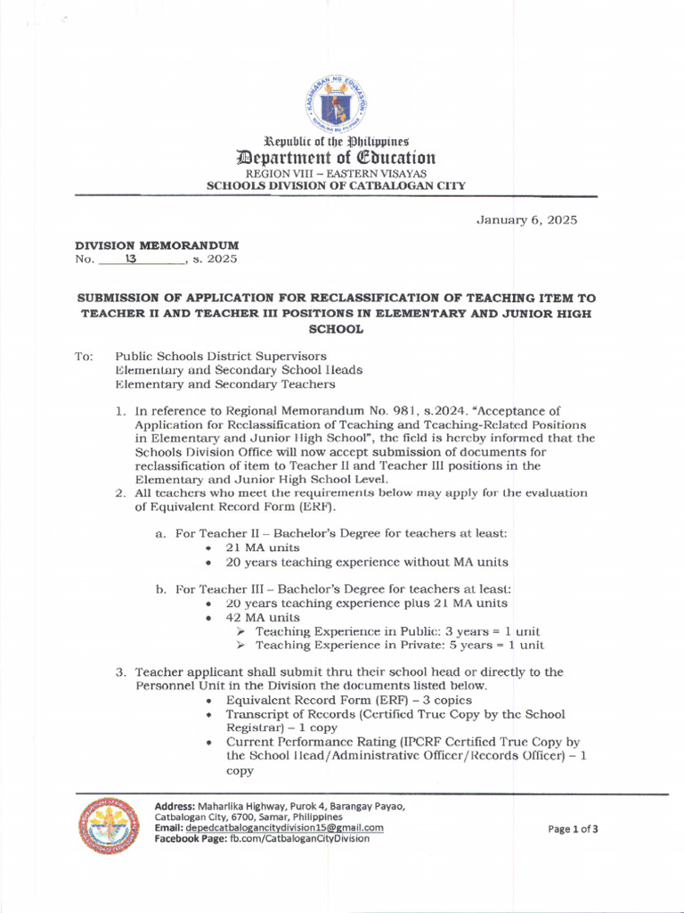 DM No. 13, S. 2025 - SUBMISSION OF APPLICATION FOR RECLASSIFICATION OF TEACHING ITEM TO TEACHER ...
