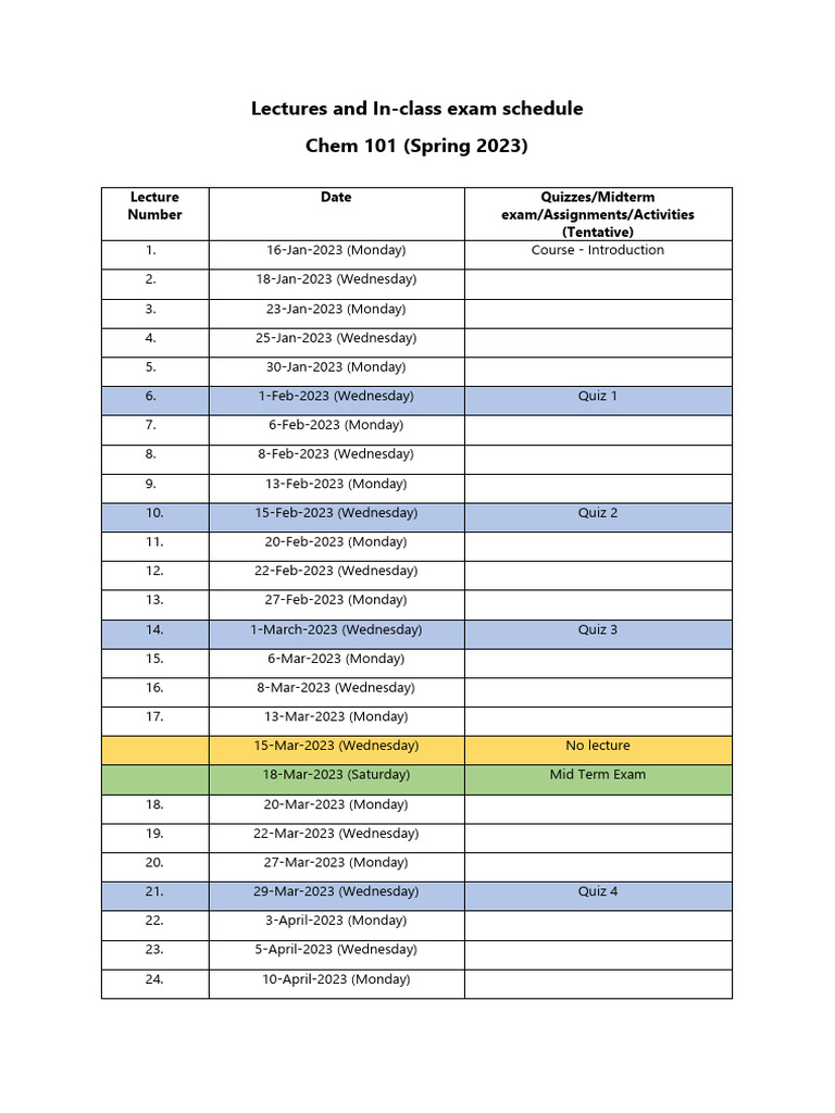 Chem 101 Spring 2023 Schedule | PDF