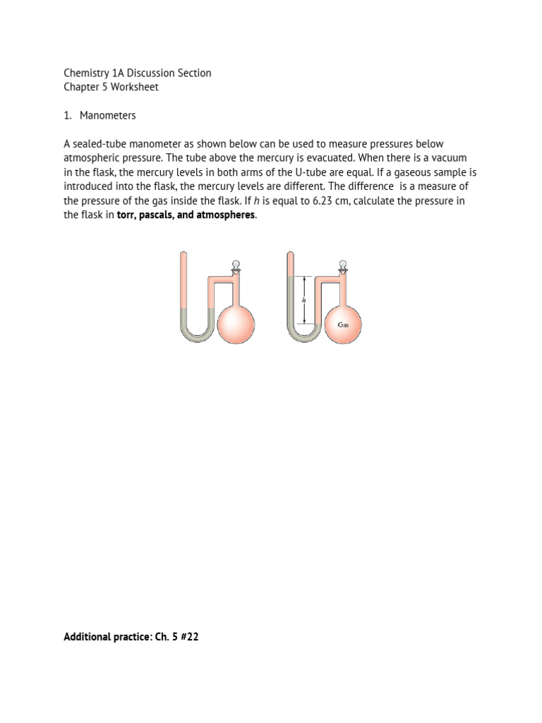 Ch. 5 Worksheet Chemistry 1A Discussion Section-1 | PDF | Gases | Pressure